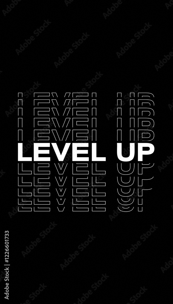Vertical illustation of level up title in white on a black background ...