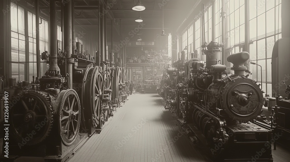 Vintage photograph of a classic steam engine factory, capturing the ...
