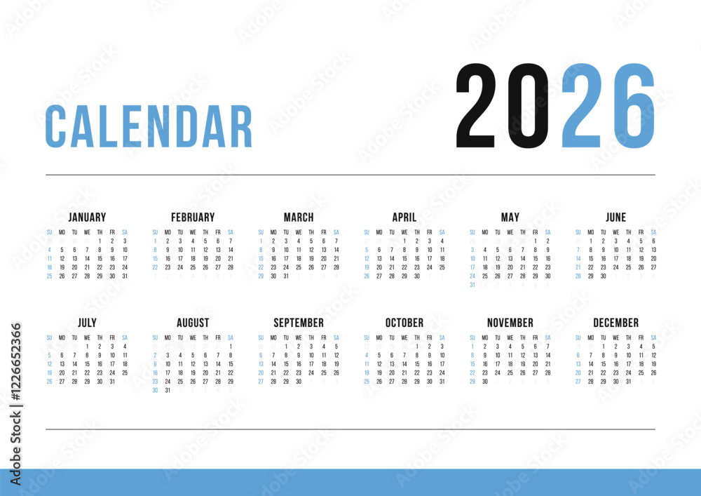 One Page Calendar 2026. Calendar template 2026 for wall and desk use ...