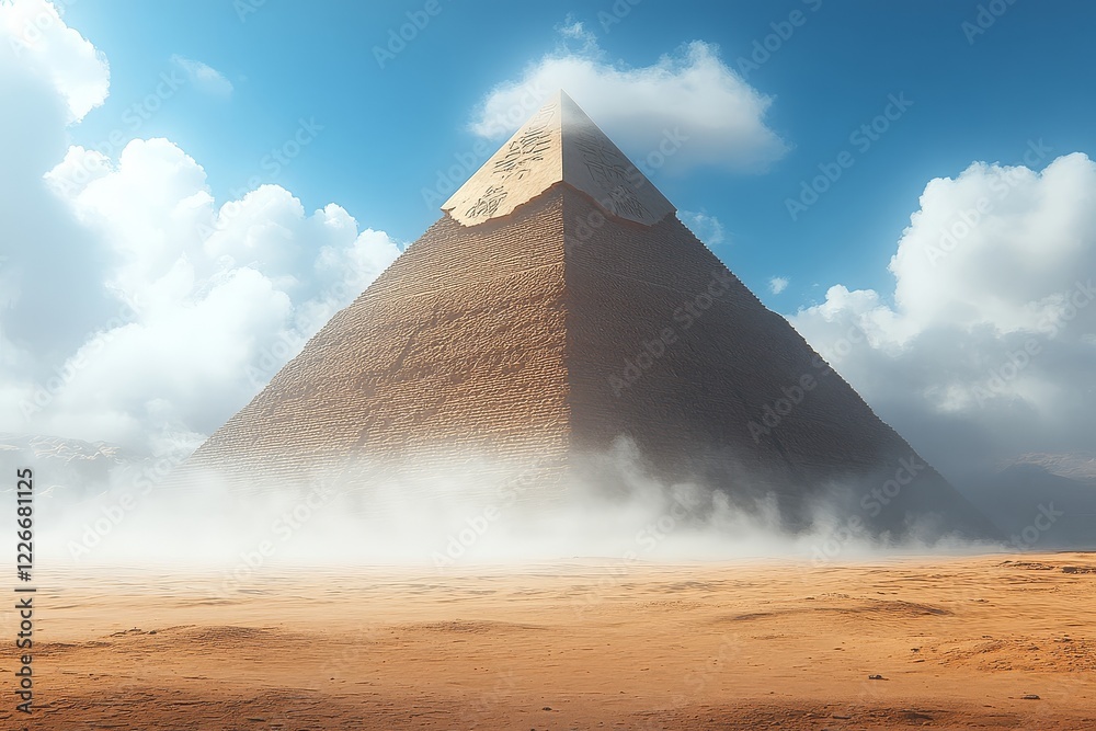 3D rendering of a pyramid in the desert with a single cloud floating ...