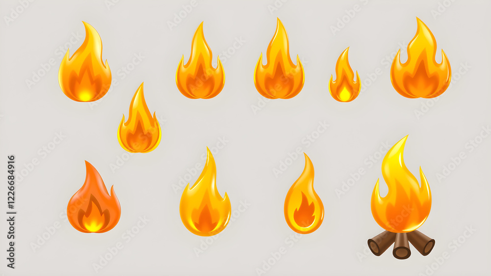 Glossy burning flame of fire 3D icons set. Vector render bonfire or ...