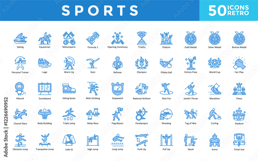Sports icon set with sailing, equestrian, motorsports, formula 1 ...