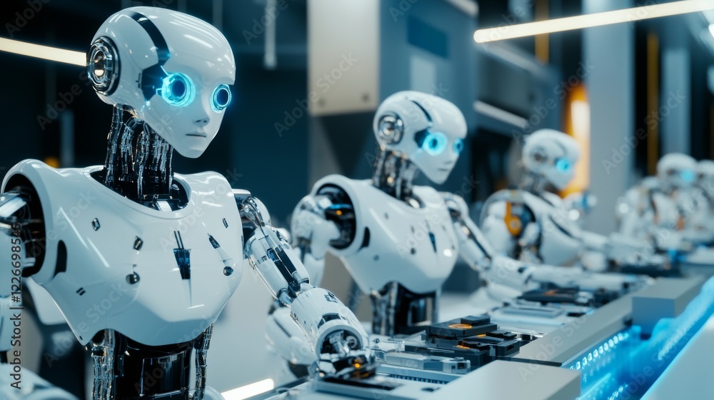 A humanoid robot assembly line in a high-tech factory, industrial ...
