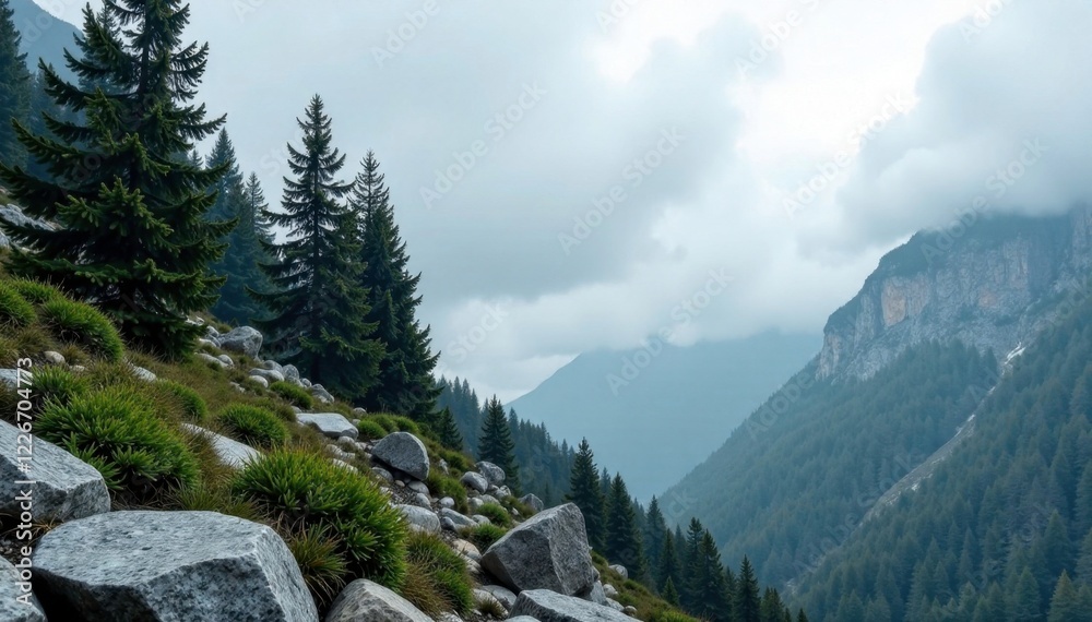 Rocky terrain with coniferous trees shrouded in cloud, conifers, rocks ...