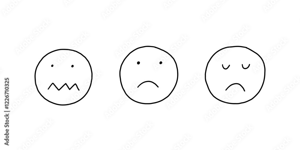 Set Doodle Naive Unhappy Smiley Face. Bad Emoji Icon Collection. Hand ...