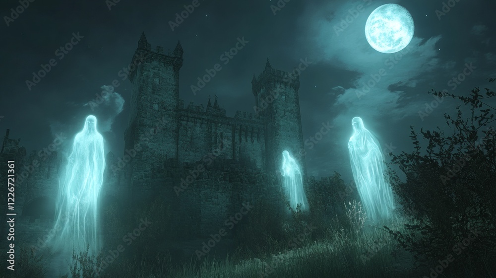 Ethereal Ghosts Haunting a Medieval Castle Under a Full Moon Stock ...