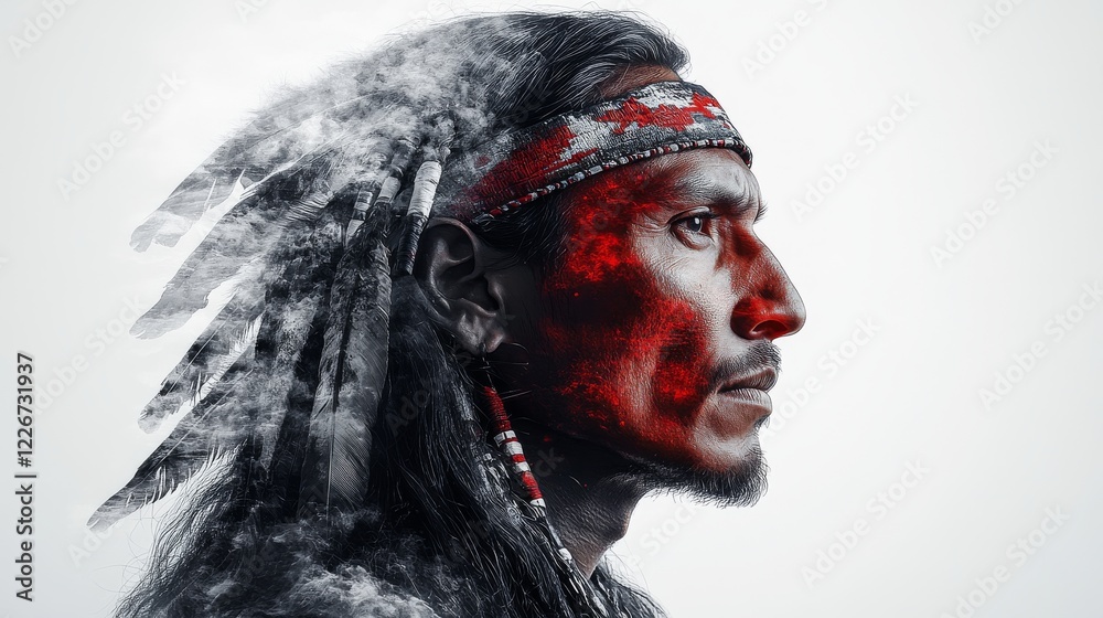 Rugged native american warrior in traditional headdress profile with ...