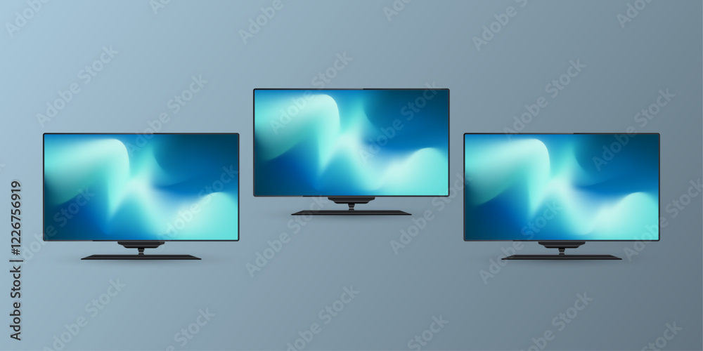 Set of three vector LED TV Screen Mockup with gradient blue screens ...