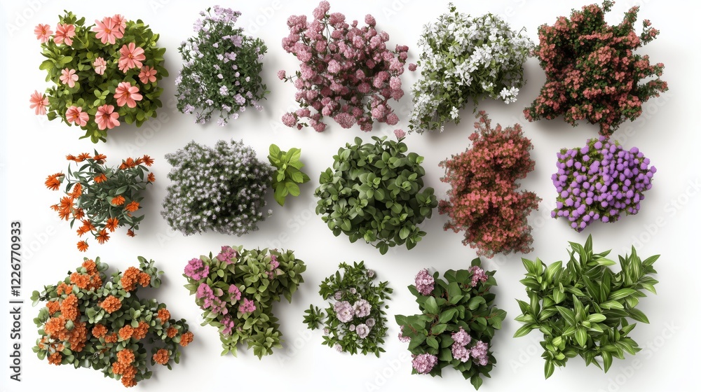3d model of different types of flowers and shrubs, top view, white ...