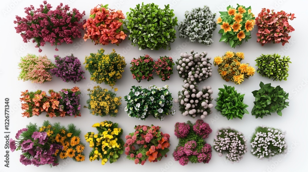 3d model of different types of flowers and shrubs, top view, white ...