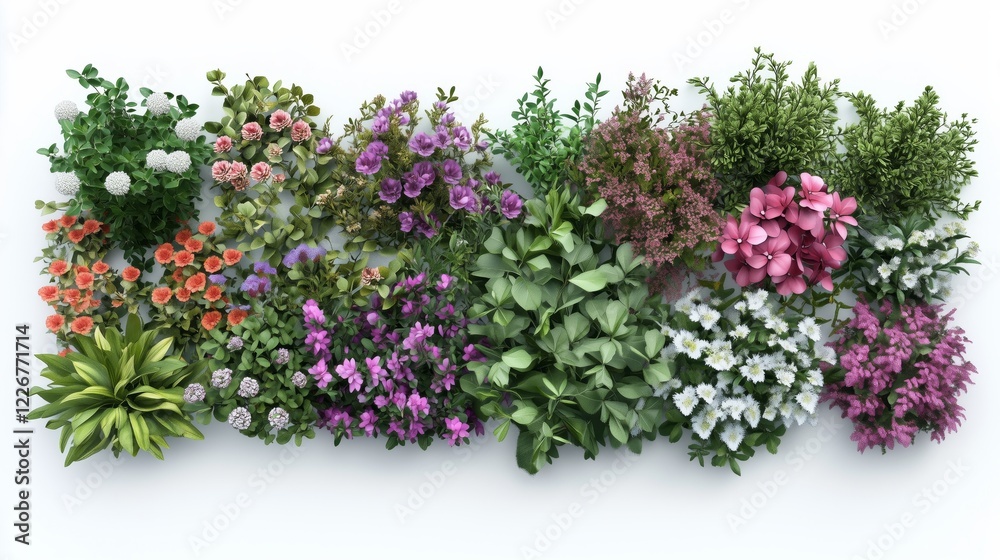 3d model of different types of flowers and shrubs, top view, white ...