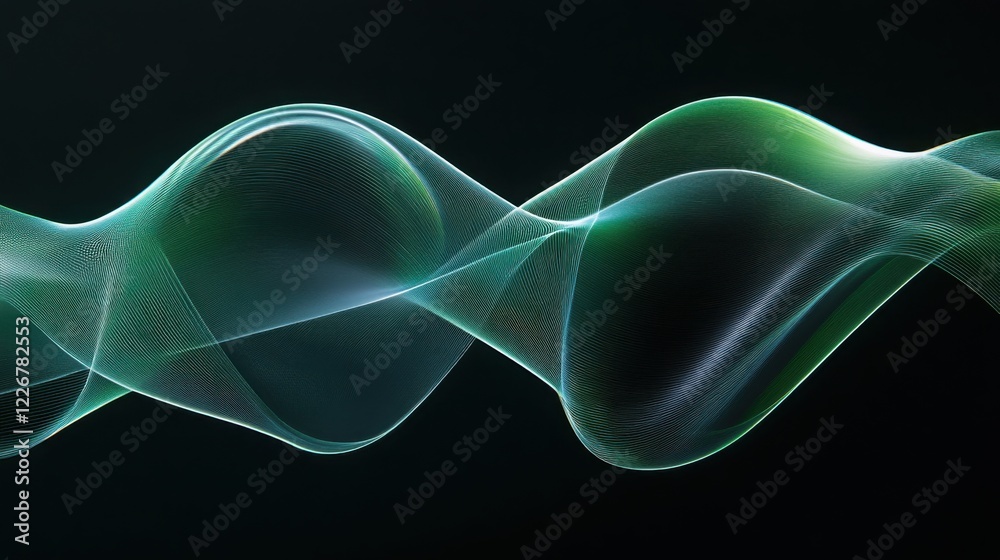 Abstract waveforms in emerald green color on black background, long ...