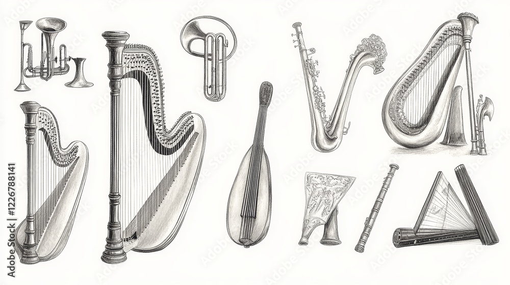 Music instrument isolated sketches. Vector icons of harps, bugle ...