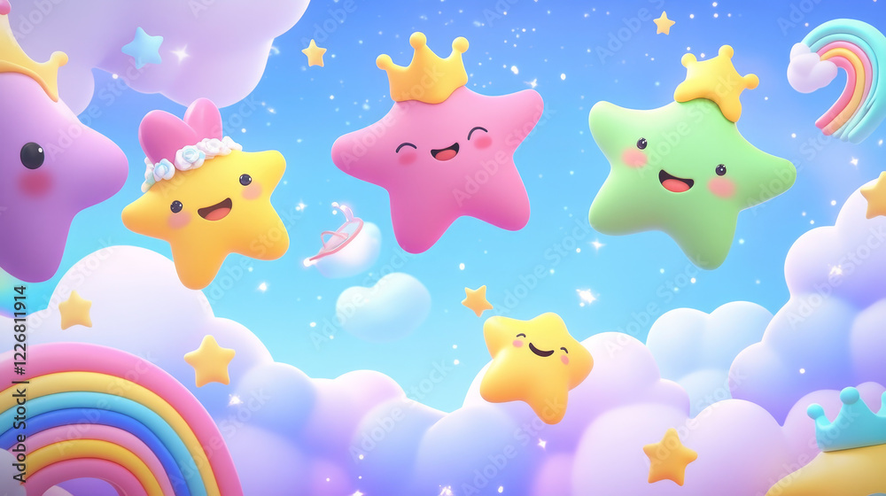 Cartoon cute funny kawaii stars and twinkle characters. Happy little ...