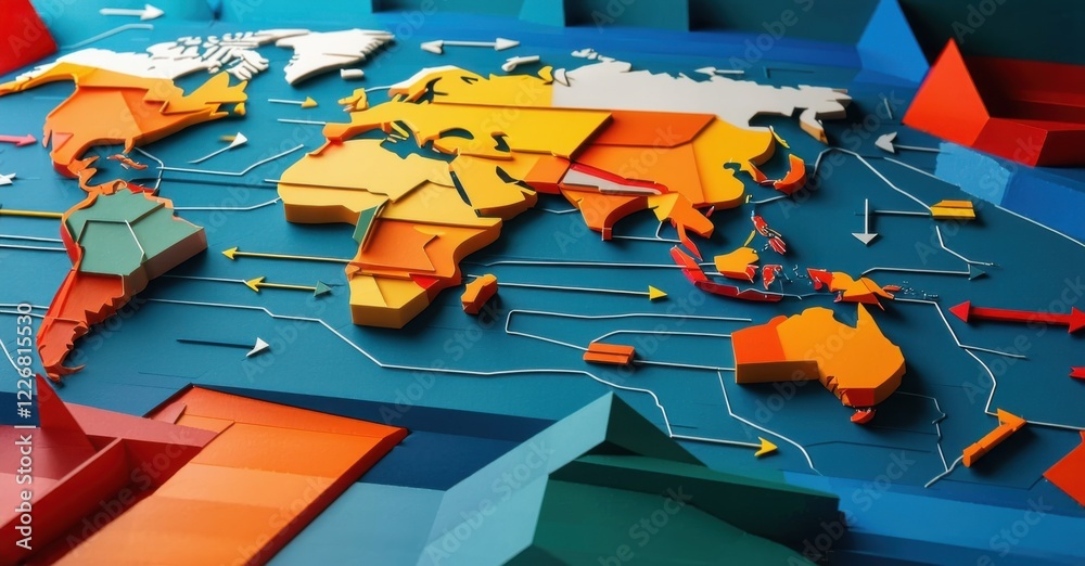 3D world map with interwoven trade routes, arrows indicating dynamic ...