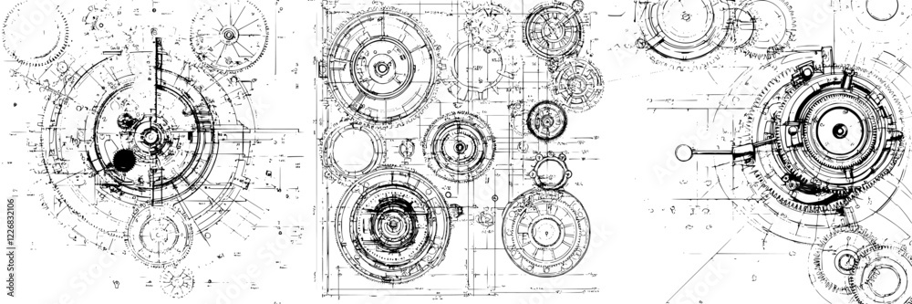 Detailed technical drawing illustrating complex circular mechanisms and ...