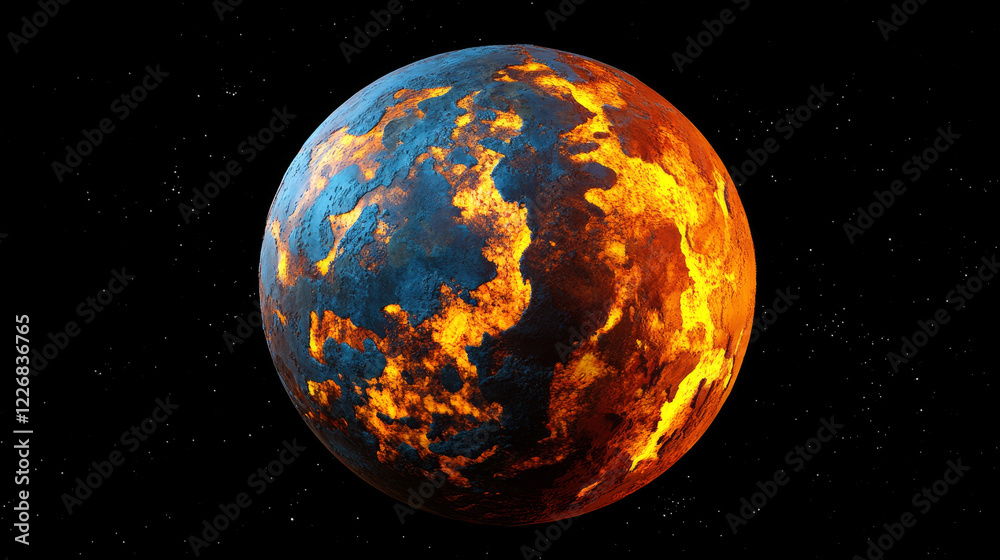 Cartoon space planet with lava and fire oceans. Proto-Earth, far galaxy ...