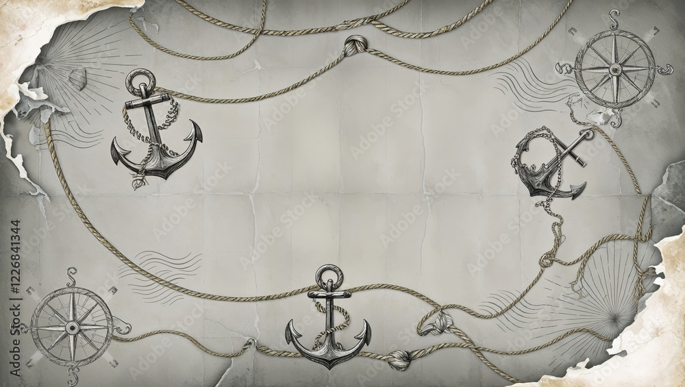 Vintage nautical map background with compasses anchors ropes and a grey ...