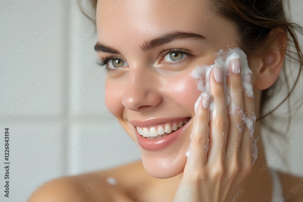 Positive young female has toothy smile, has perfect teeth, pats skin ...