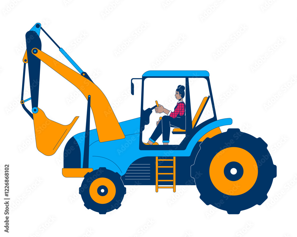 Woman driving excavator cartoon flat illustration. Construction worker ...
