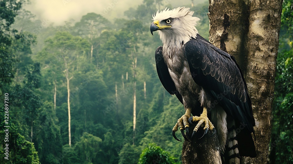 Powerful harpy eagle perched a jungle tree its fierce gaze and ...