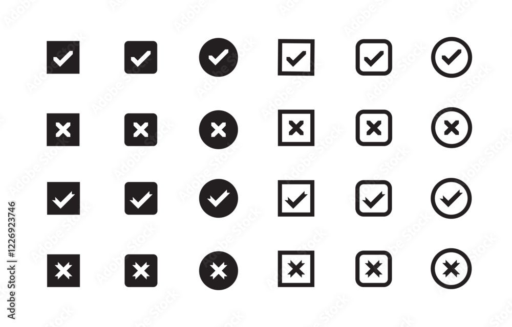 Black And White Comprehensive Collection Of Checkmarks And Cross Symbols In Square And Circular