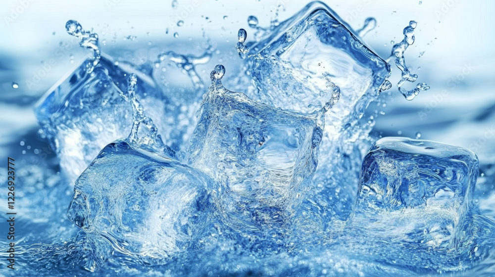 Ice cubes in blue water wave splash. Transparent water and frozen ice ...