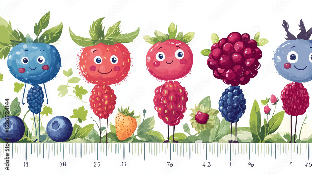Kids height chart. Cartoon berry characters on summer party. Child ...