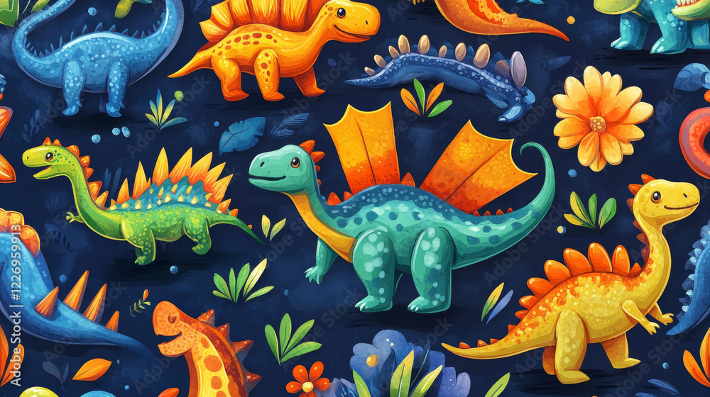 Cartoon dinosaur reptile animal characters seamless pattern, vector ...