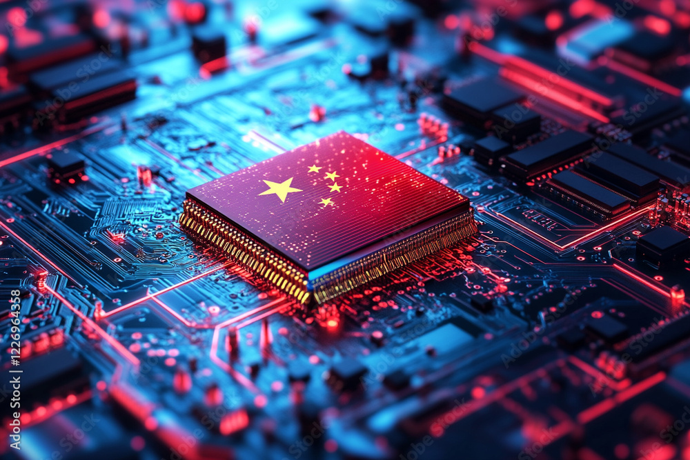 AI creative artificial Intelligence icon on flag of China and sunset sky background, Chips and ...