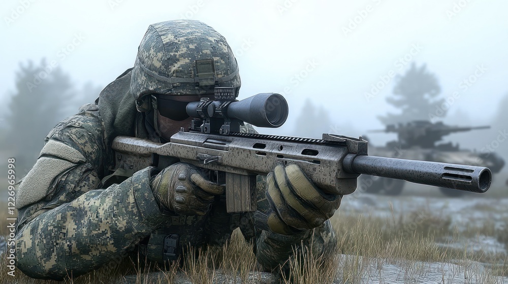 Soldier aiming rifle, foggy forest, tank background, military operation ...