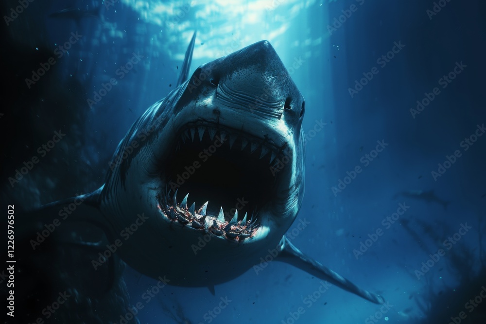 Encounter the terrifying presence of a massive shark hunting in deep ocean waters during an ...