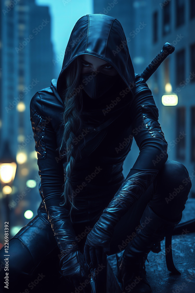 mysterious female assassin wearing a sleek black leather hooded outfit ...