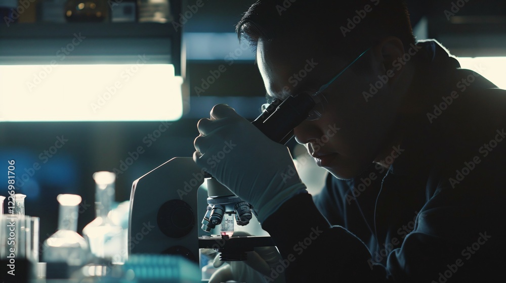 Medical lab technician analyzing blood sample under microscope ...