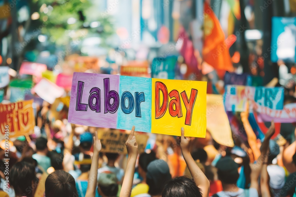 Crowd of people holding vibrant, handmade signs while celebrating Labor ...