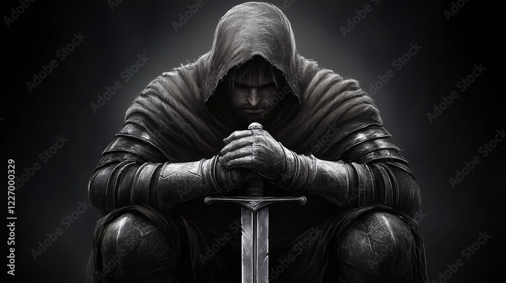 A dark, dramatic digital illustration of a hooded warrior kneeling with a sword. The shadowed ...