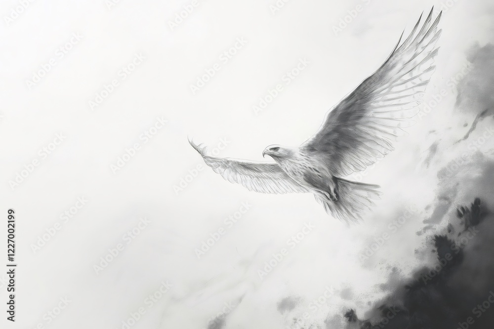 Pencil sketch of a hawk soaring through cloudy sky, detailed drawing of a majestic bird of prey ...