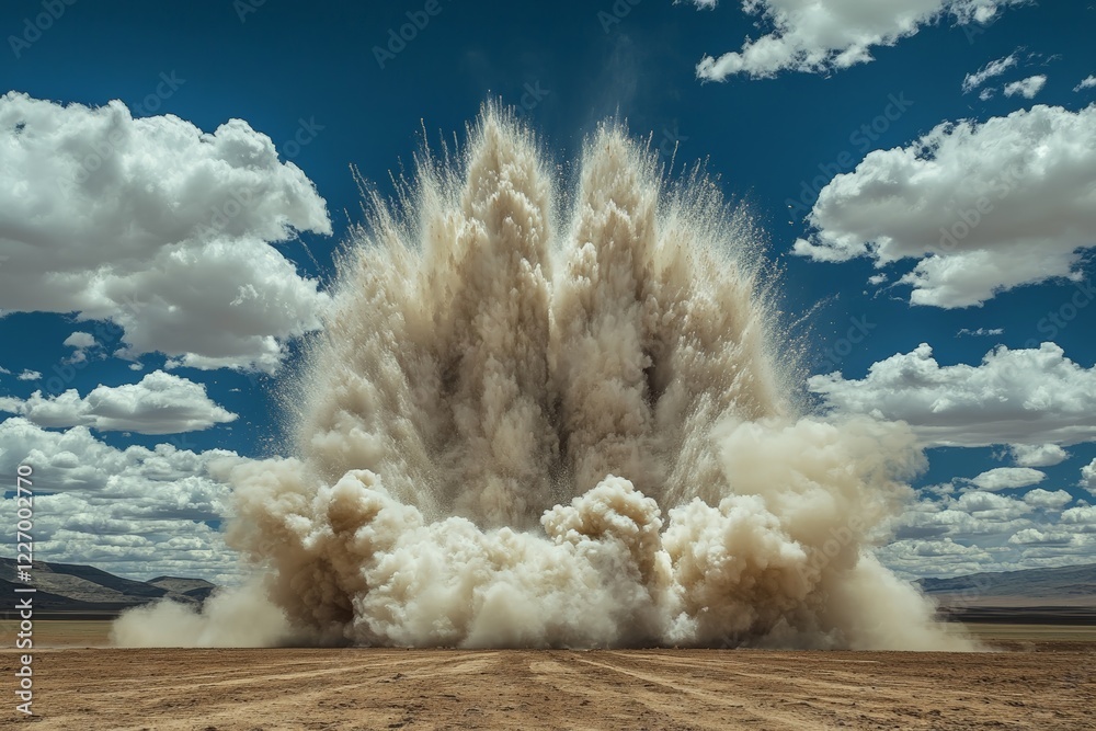 Dust and debris erupt from a massive explosion in a remote desert ...