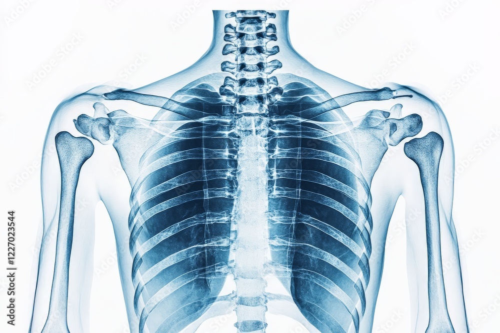 Detailed human chest X-ray displaying ribcage, spine, and shoulder ...
