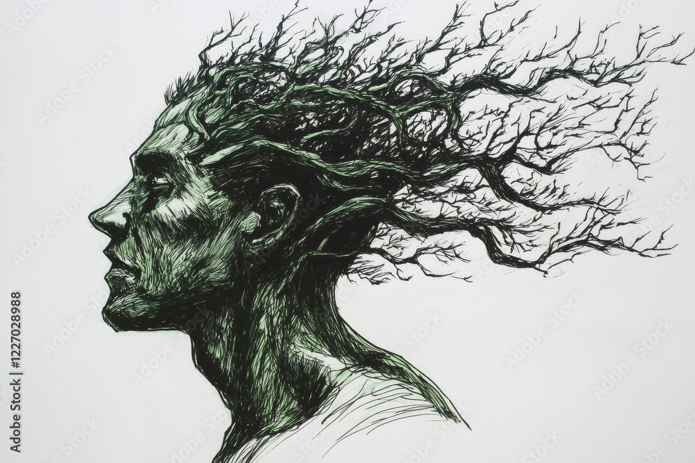 Surreal marker sketch of a man morphing into a tree, representing ...