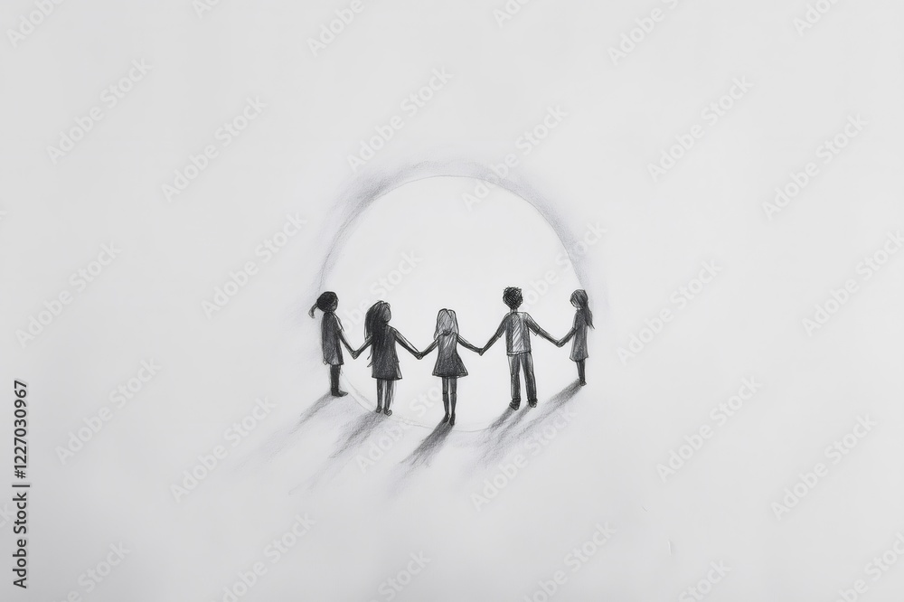 Pencil sketch of a family holding hands inside a circle, symbolizing ...