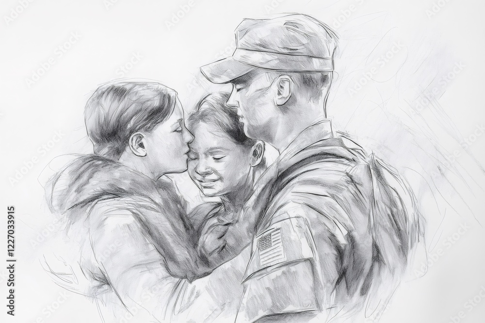 Pencil sketch of a military soldier father being welcomed home by his ...