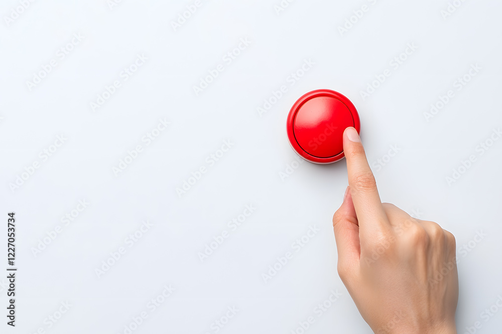 Finger pressing a big red button, top view, isolated on white ...