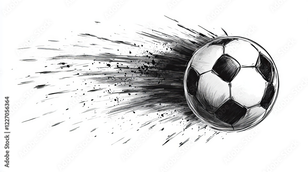 Black and white doodle sketch of a speeding soccer ball logo loosing ...