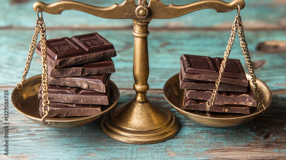 Balance between two brass scales with dark chocolate bars on each side ...