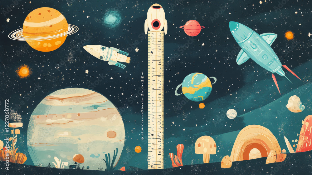 Ilustración de Stock Kids height chart with cartoon space planets ...