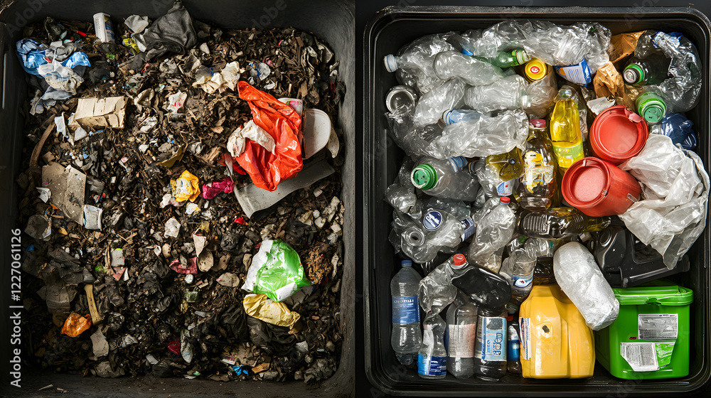 Foto de Stock of waste before and after recycling, showing a chaotic ...