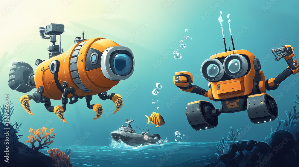 Underwater robot and ROV cartoon characters. Vector robot bathyscaphe ...