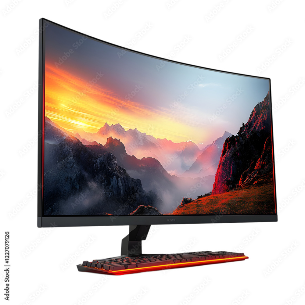 Curved widescreen desktop monitor with red stand and display on shown ...