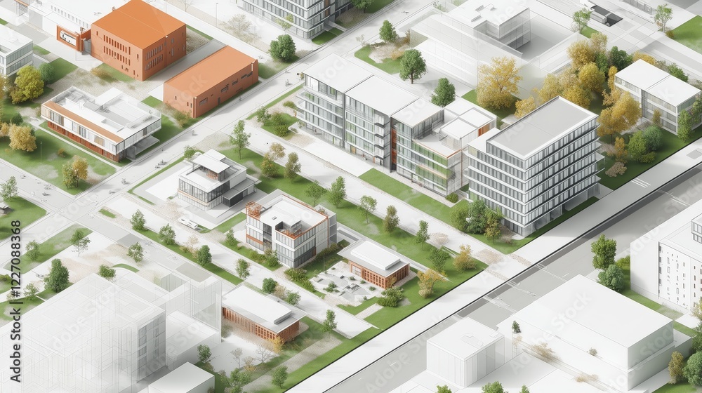 BIM illustration - Building Information Modeling, 3d plan of an urban ...